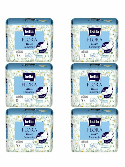 BELLA Прокладки Flora Camomile, с экстрактом ромашки, 10 шт/уп, 6 упаковок/