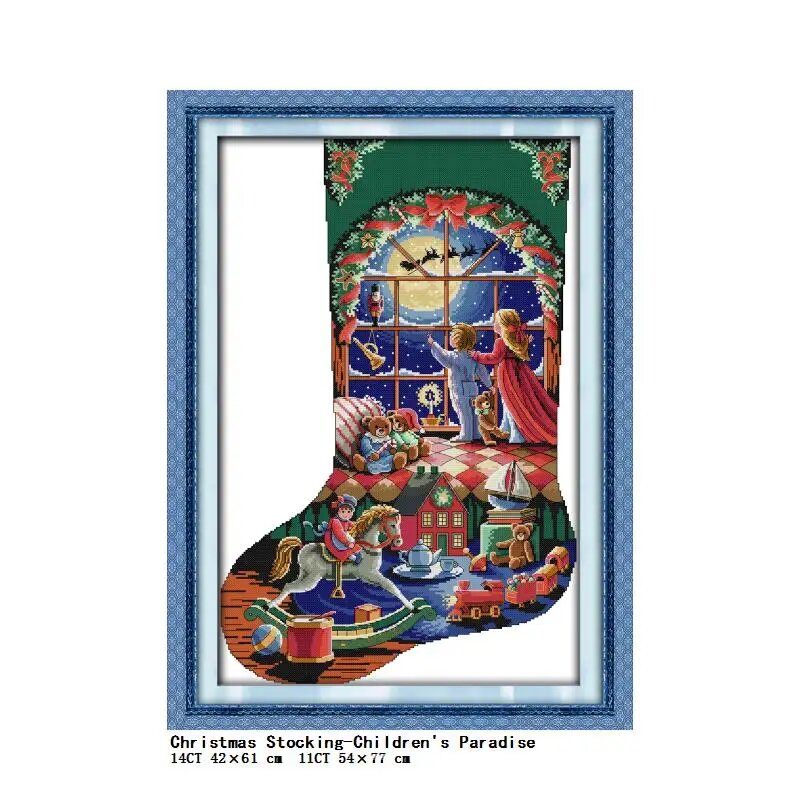 Набор для вышивки Joy Sunday "Рождественские носки", белый хлопок Темно-синий, KB169, 14CT Unprinted