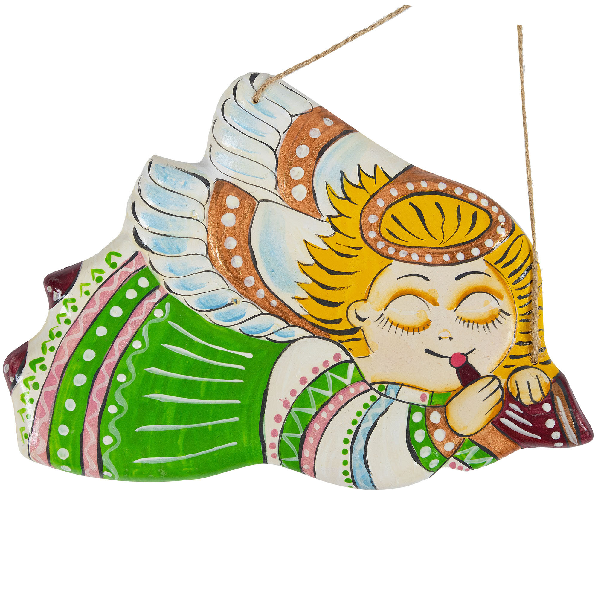 Панно декоративное Ангел летящий с дудочкой в ярко-зеленом платье керамическое авторской ручной работы