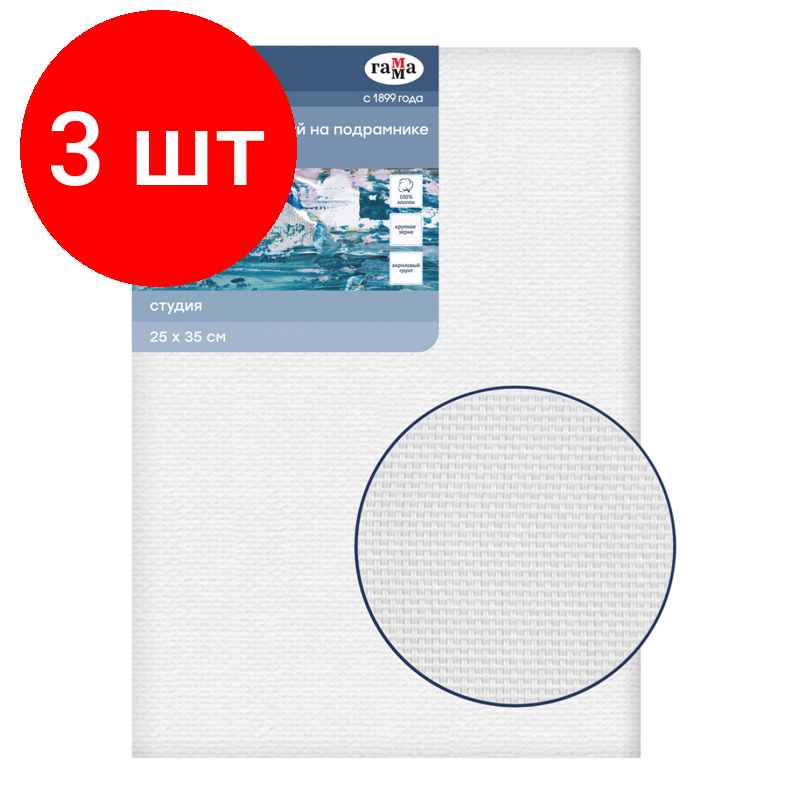 Комплект 3 шт, Холст на подрамнике Гамма "Студия", 25*35см, 100% хлопок, 400г/м2, крупное зерно