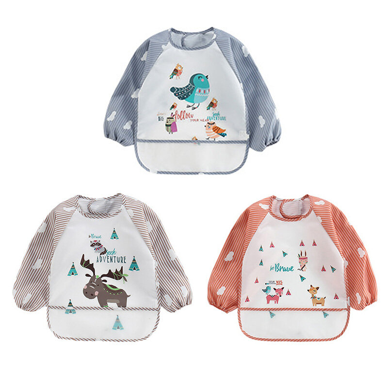 Комплект из 3 детских нагрудников с рукавами, водонепроницаемых, моющихся, из полиэстера, с принтом животных.