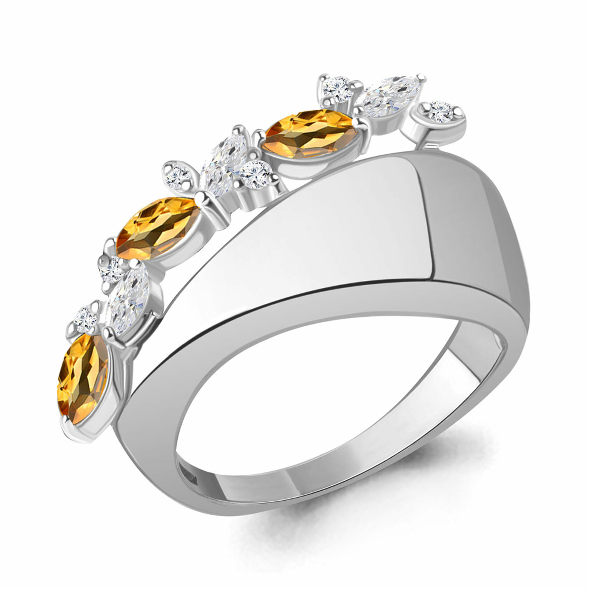 Кольцо широкое, серебро, 925 проба, родирование, фианит, цитрин