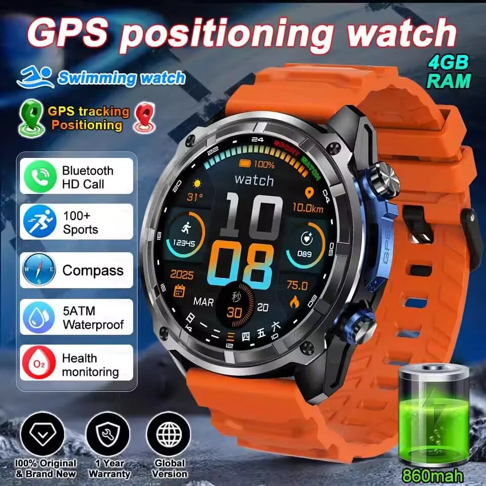 Мужские умные военные часы GPS 4ГБ Orange