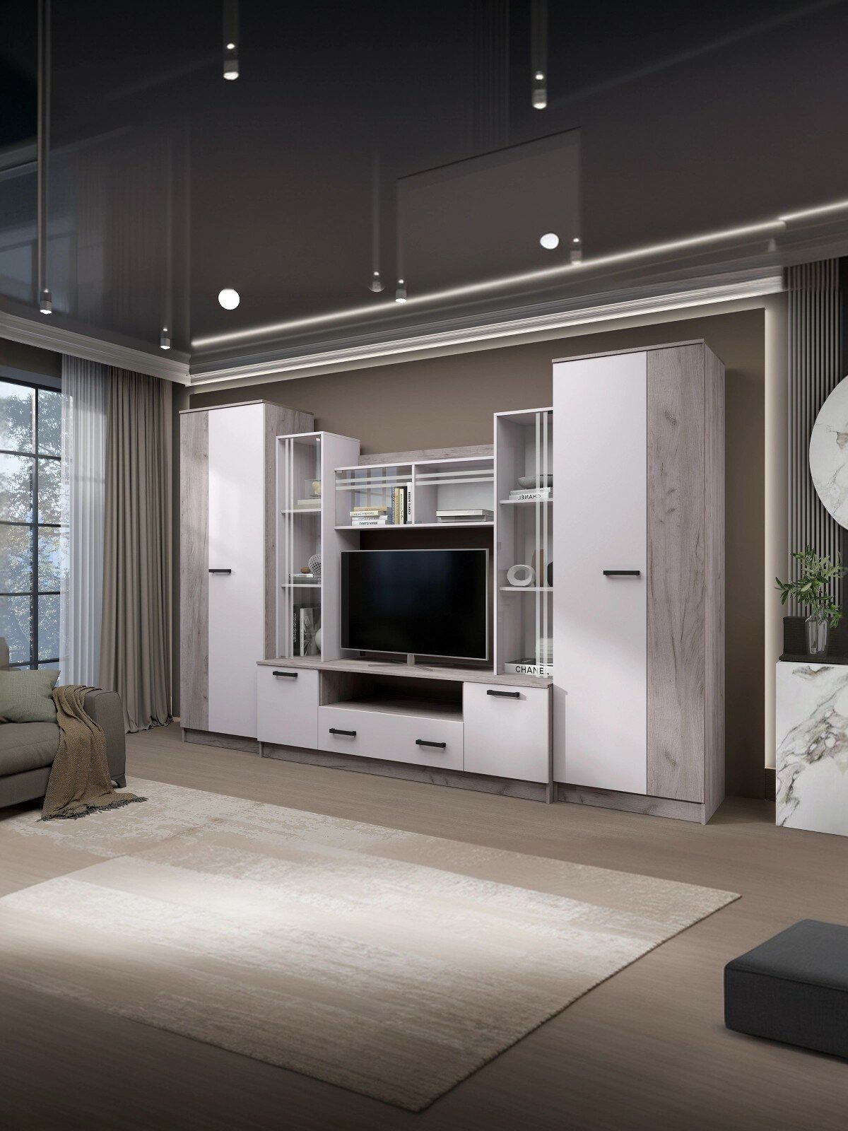 Гостиная "Николь-2" Зарон, шкаф с полками, шкаф платяной, тумба под ТВ, ЛДСП, Кашемир