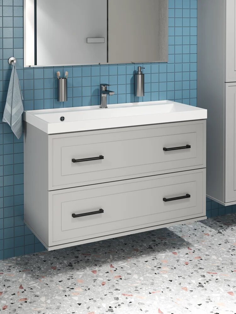 Тумба с раковиной STWORKI Хадстен 100 подвесная, 100, 4 см, серая, матовая, из МДФ, с ящиками, раковина для ванной из искусственного мрамора, прямоугольная