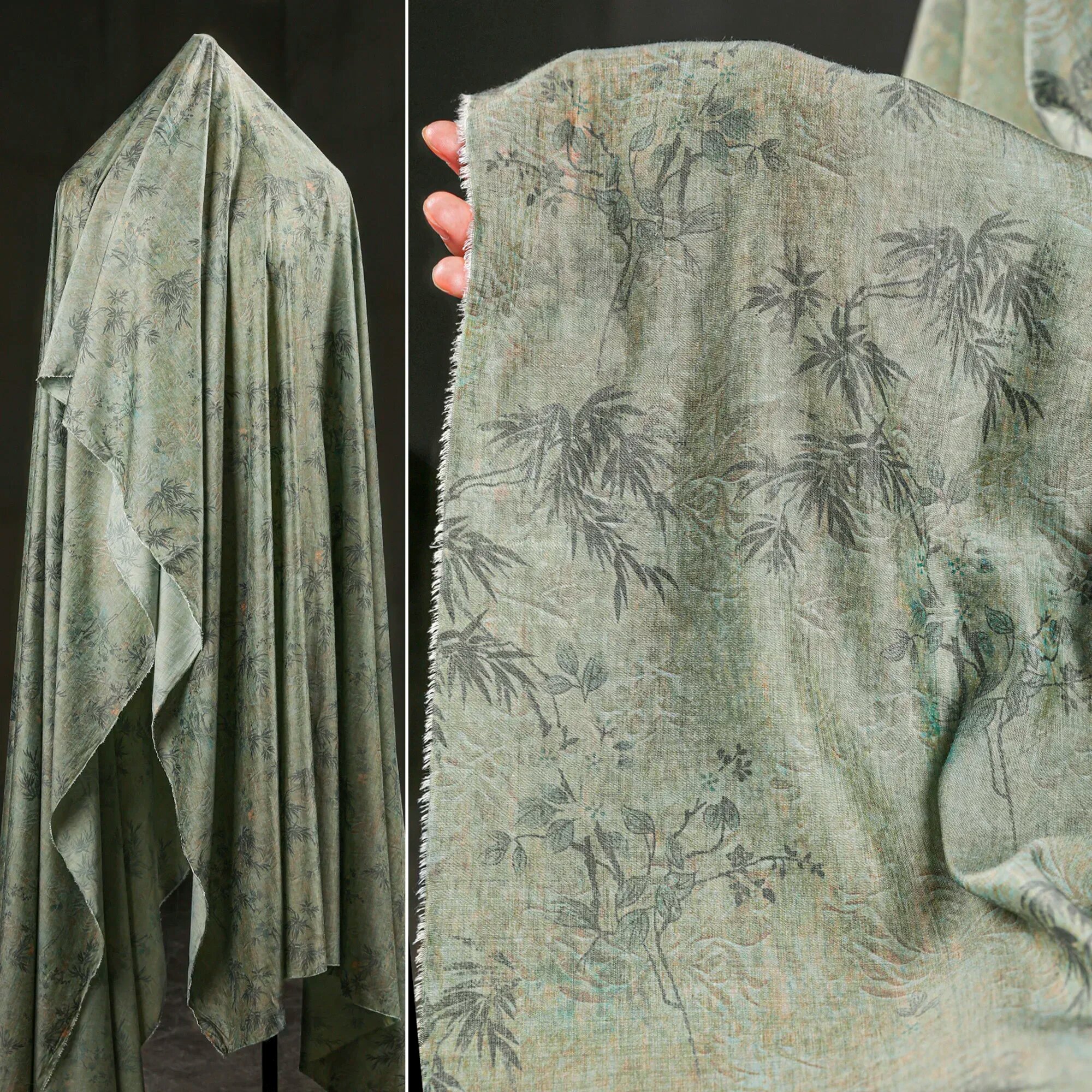 Хлопковая ткань Green Bamboo Plum Pattern