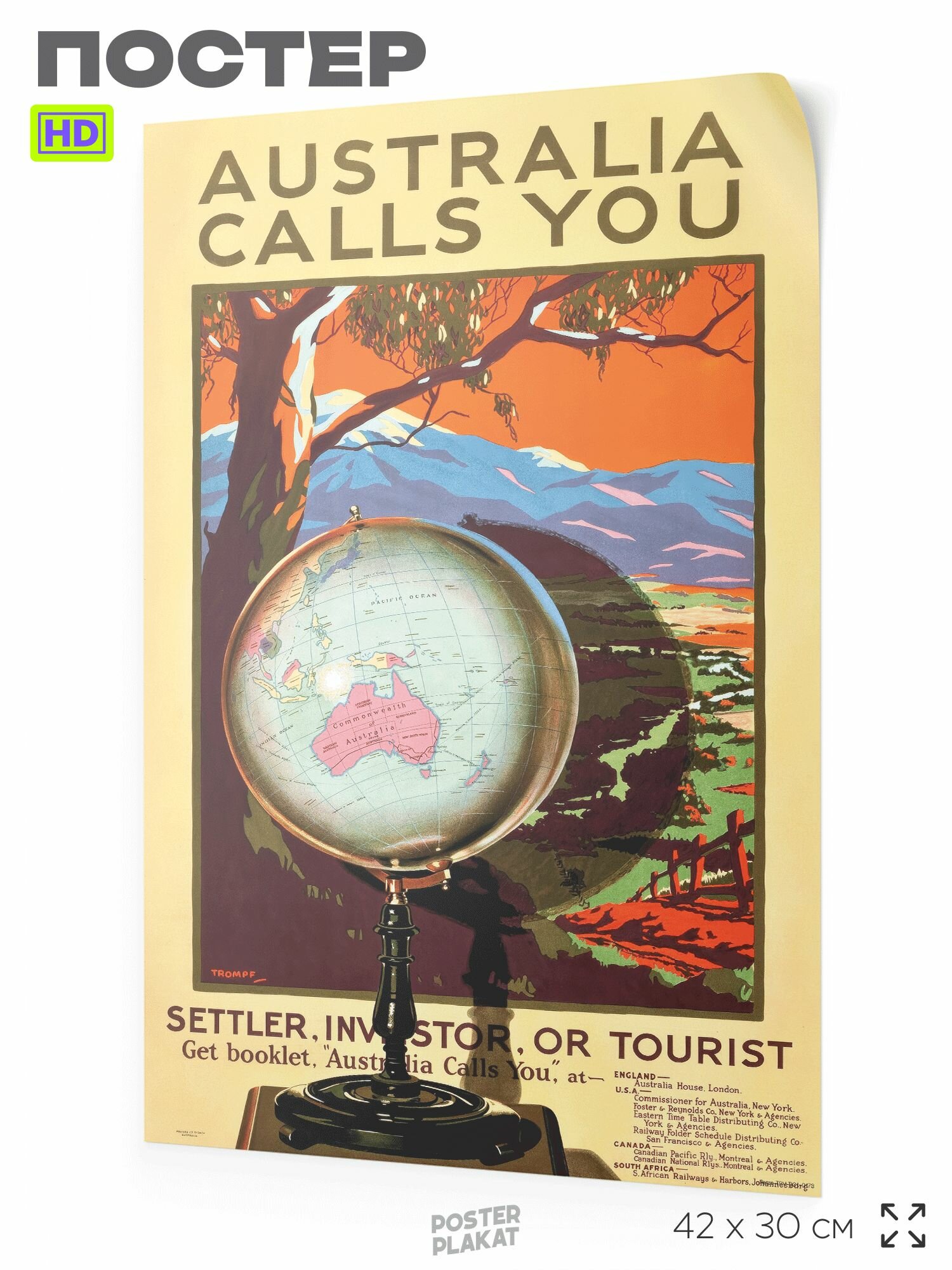 Постер ретро винтажный Австралия, тематика путешествия, на стену для интерьера, А3 (420х297 мм), Постер Плакат