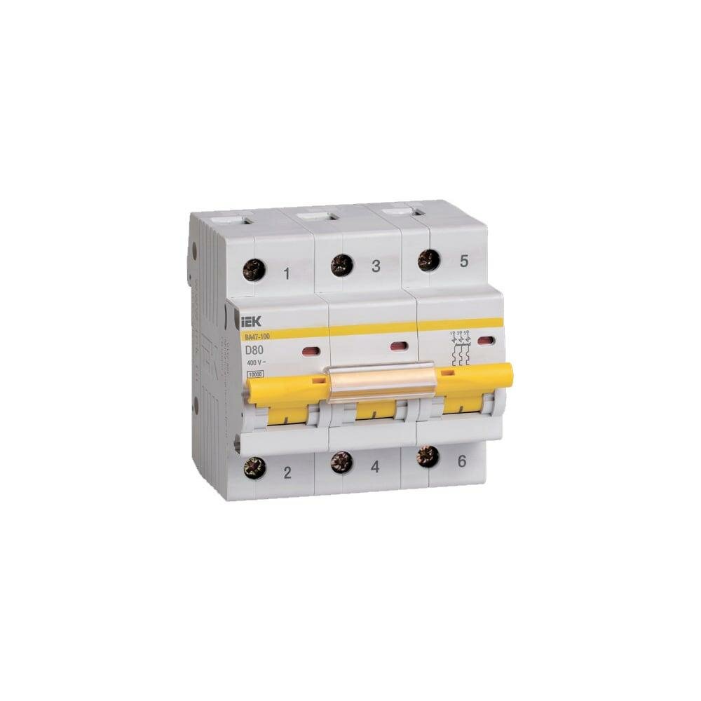 Автоматический модульный выключатель IEK ВА 47-100, 3п, D, 80А, 10кА, ИЭК MVA40-3-080-D