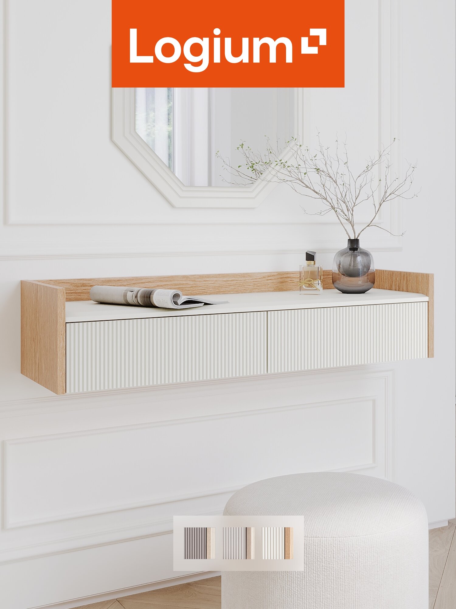 Столик туалетный подвесной белый, 96,6 х 30 х 21,5см, Наоми 12.115, Плэйн, белая шагрень