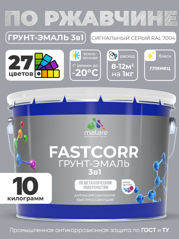 Грунт-эмаль по ржавчине 3 в 1 Malare FastCorr краска для металла, антикоррозионная износостойкая быстросохнущая RAL 7004, сигнальный серый, глянцевая, 10 кг.