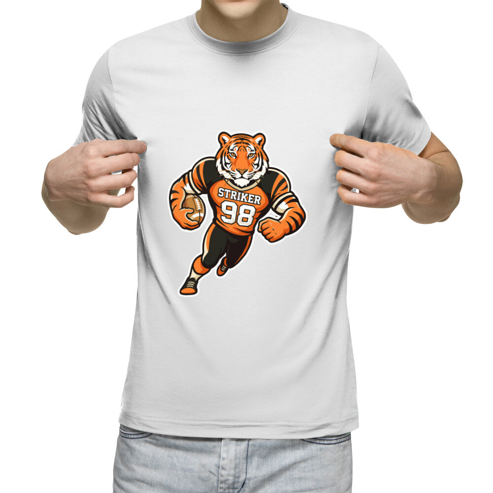 Мужская футболка «Тигр STRIKER 98 футбольный маскот» (белый, XL)