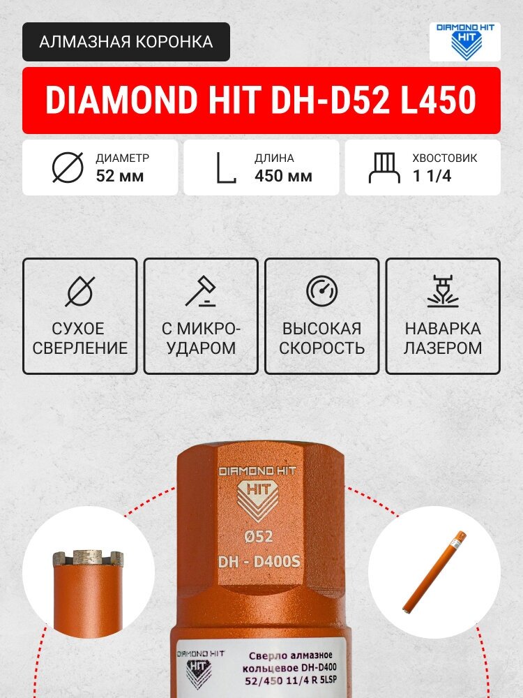 Коронка алмазная по бетону DIAMOND HIT 52х450 мм D400 для сухого сверления