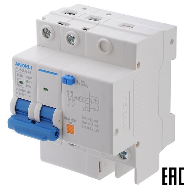 Дифф. автомат ANDELI ADB3LE-63 тип АС 50А-30мА 230В 2P 6кА ADL02-066 (2 шт. в наборе)
