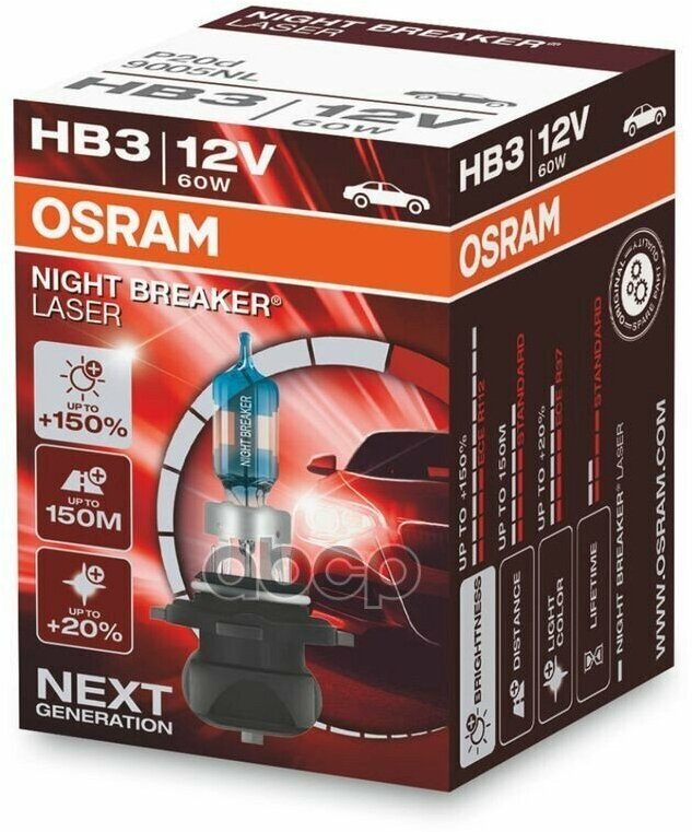 Лампа HB3 12V 60W NIGTT BRAKER LASER +150% P20d, карт.1 шт. Osram арт. 9005NL