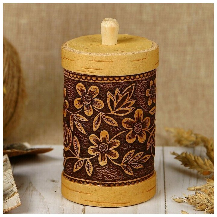 Туес Цветы , высокий, 6 6 12 см, береста