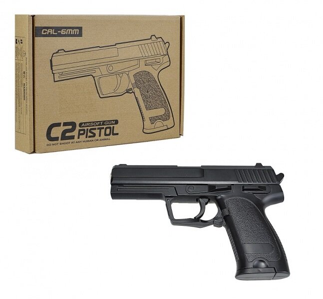Airsoft Gun. Пистолет металлический C2 (инструкция-мишень) в коробке 24х4х16.5 см