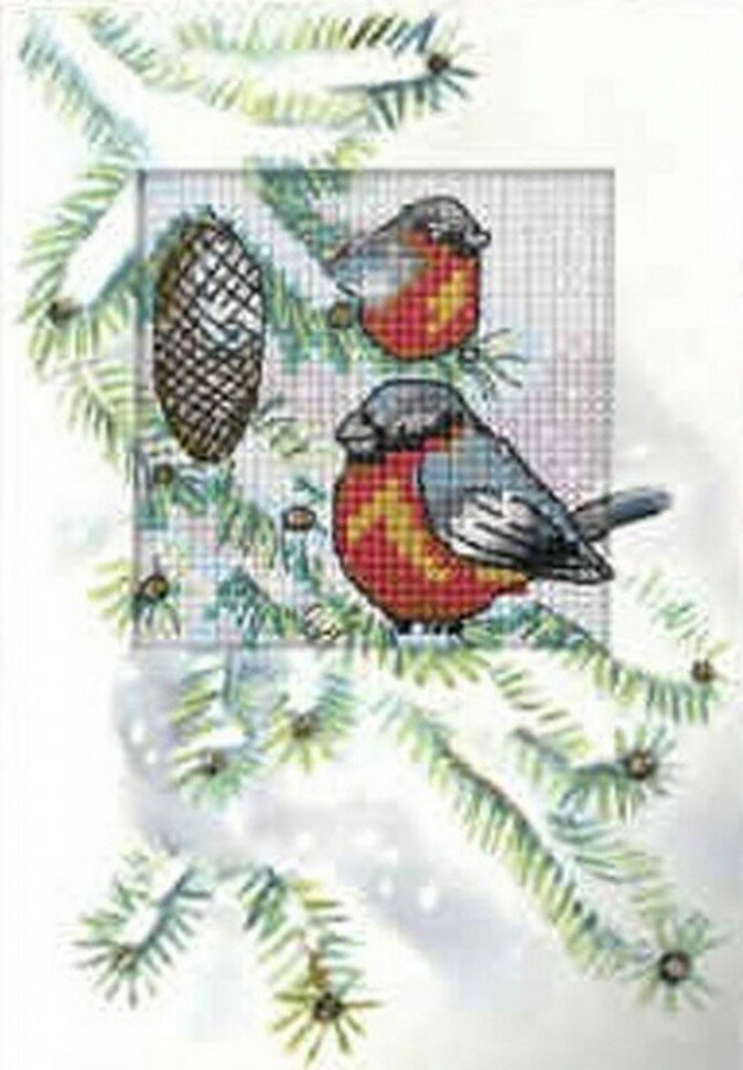 Набор для вышивания Orchidea #6269 Открытка "Снегири", Печатный крест, 10.5 x 15 см