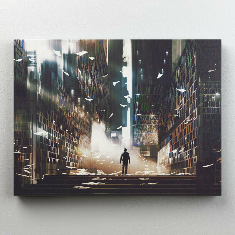 Интерьерная картина на холсте "Человек в библиотеке в пяти измерениях" размер 60x45 см