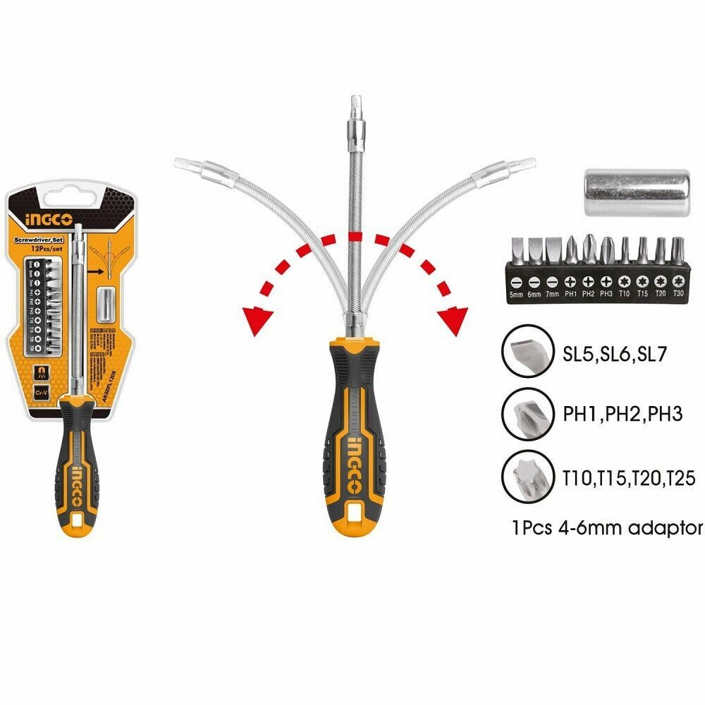Отвертка гибкая с битами 12 шт INGCO AKSDFL1208