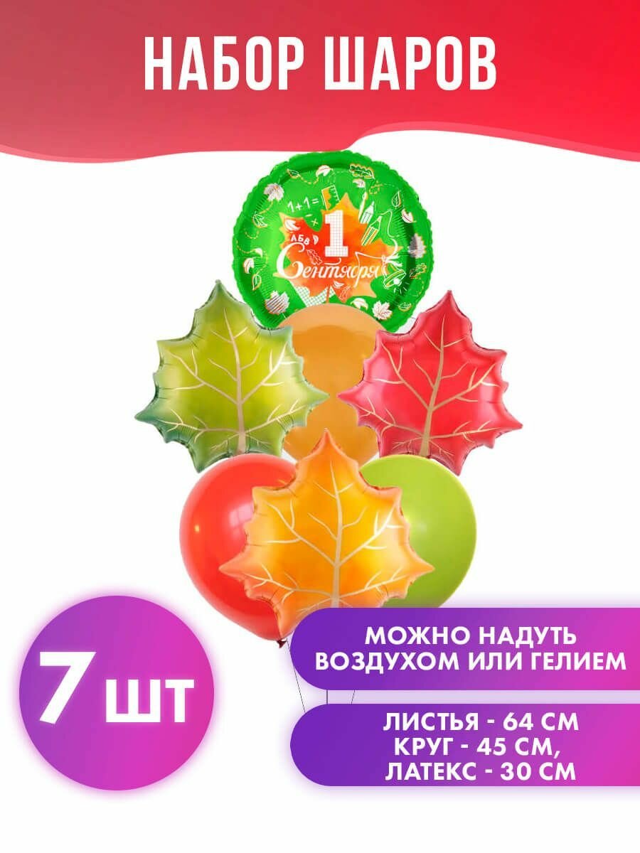 Воздушные шары "Осенние кленовые листочки", шарики на 1 Сентября, 4 фольгированных шара, 3 латексных