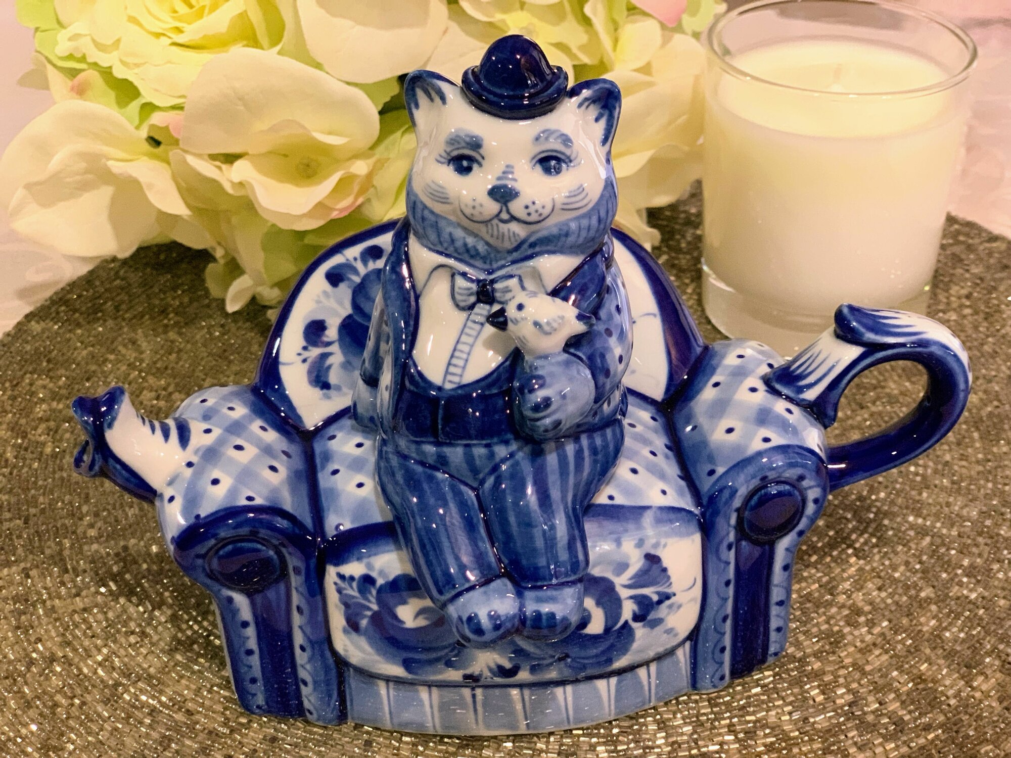 Чайник сувенирный "Кот" гжель фарфор ручная работа