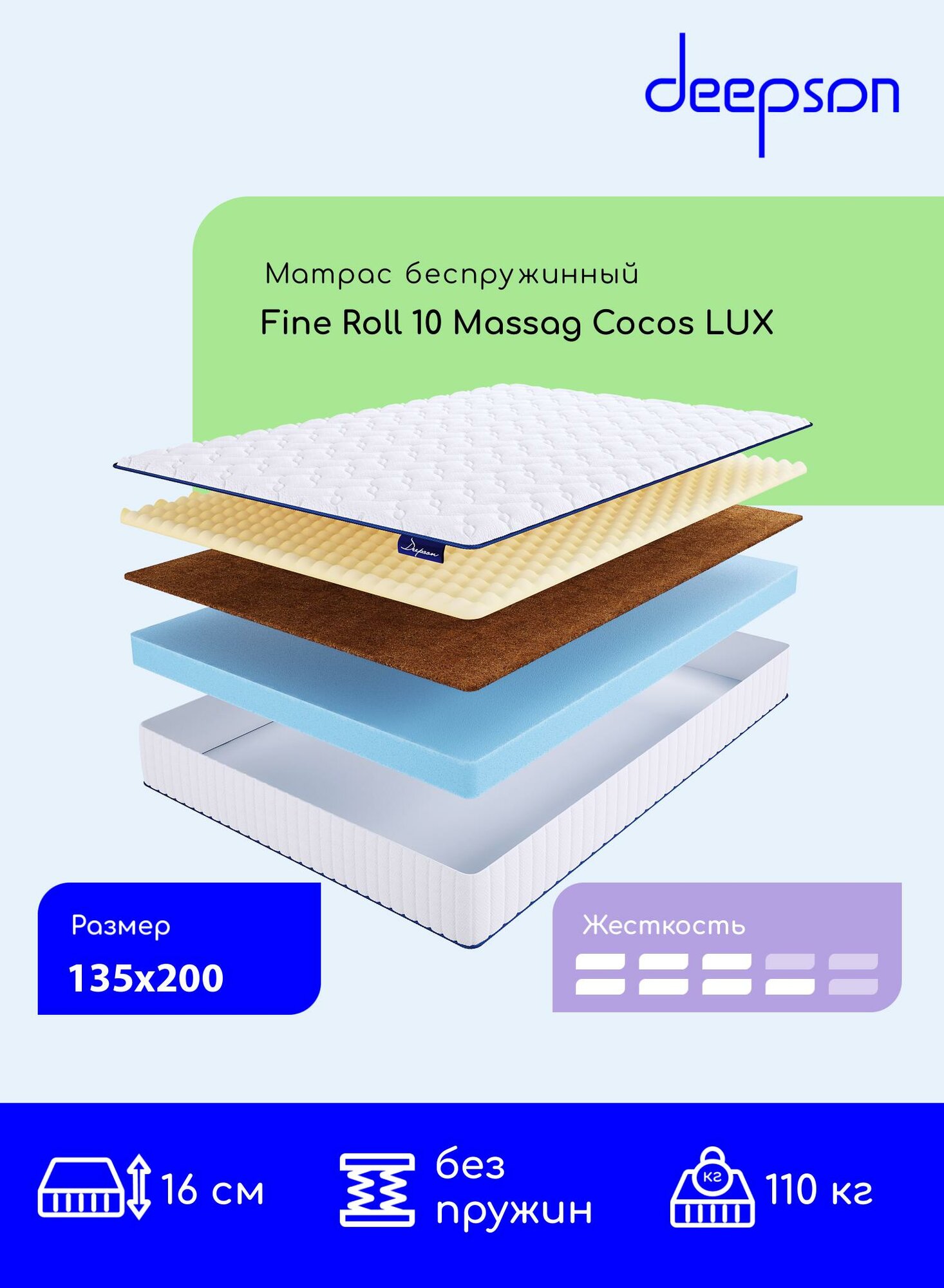 Матрас 135x200 ортопедический буспружинный Fine Roll 10 Massag Cocos LUX высота 16 см