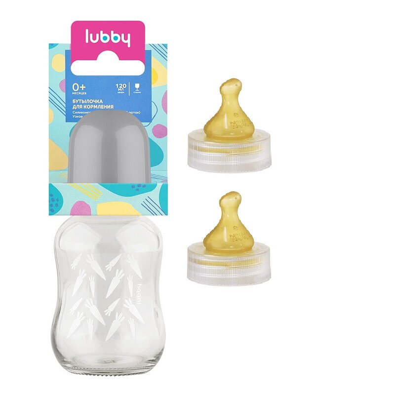 Набор Бутылочка LUBBY 120 мл стекло+ 2 соски NUK для недоношенных (средний поток)