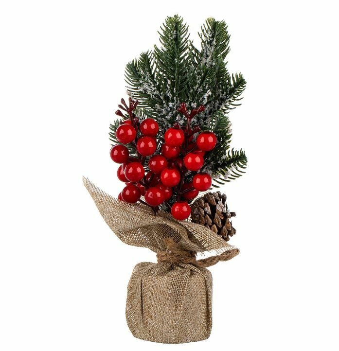 Ель искусственная Santi 25 см, литье PE, с красными ягодами и шишками