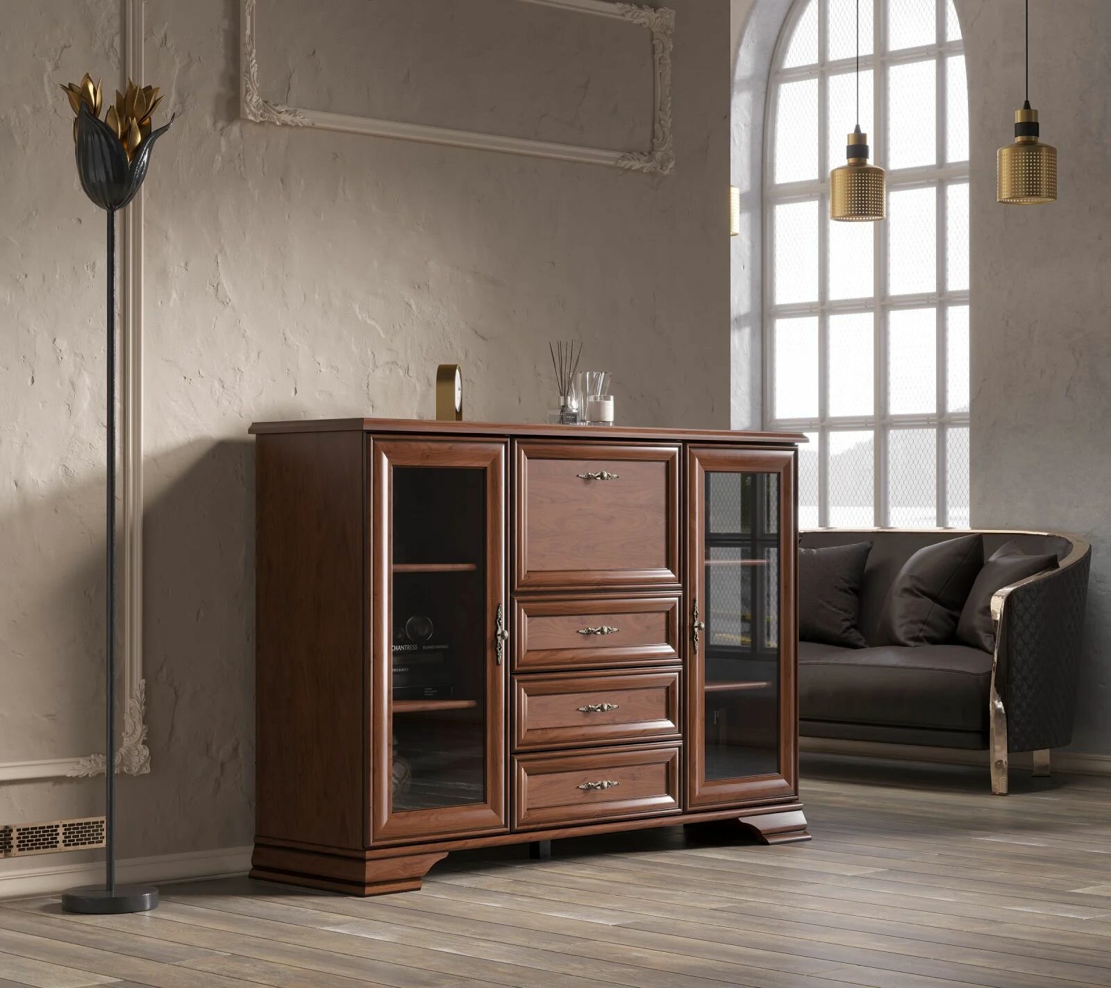 Тумба-витрина Kentaki KOM2W3S1B каштановая, напольная с ящиками и полками