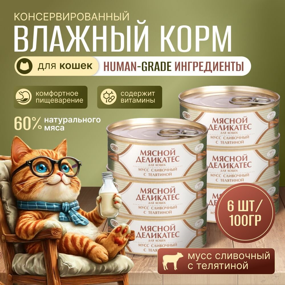 Yummy Влажный корм для кошек Мусс сливочный с телятиной, 100 г. * 6 шт.