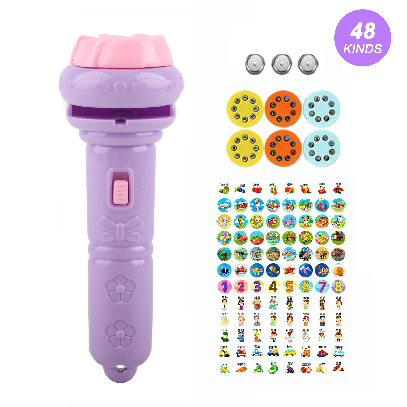 Детский проектор-фонарик с различными узорами животных, ранний образовательный научный проектор, светящаяся игрушка, фиолетовый (48 узоров)