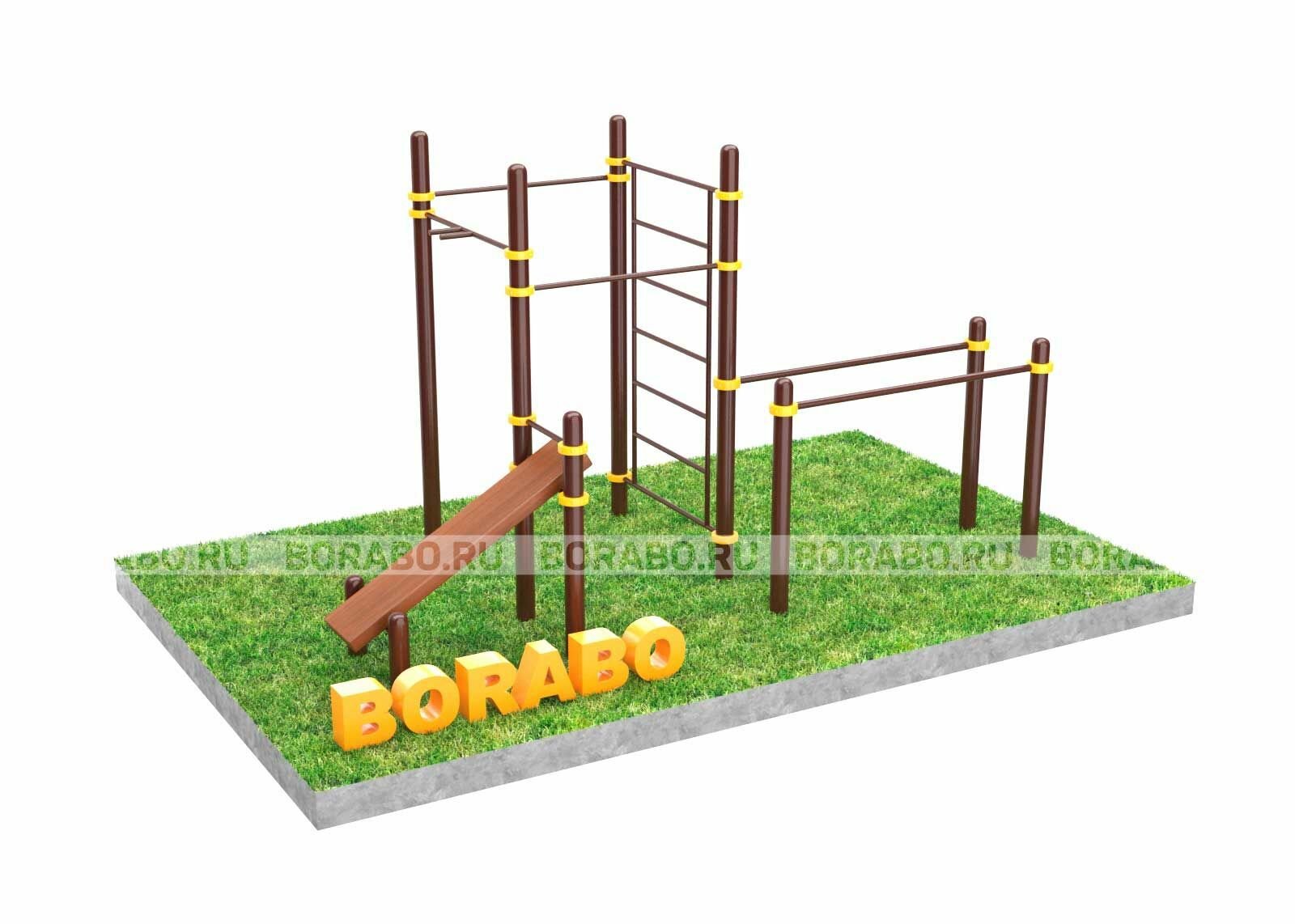 Спортивная игровая площадка BW-32-М со скамьей для пресса, лестницей, тремя турниками и брусьями BW-32-М