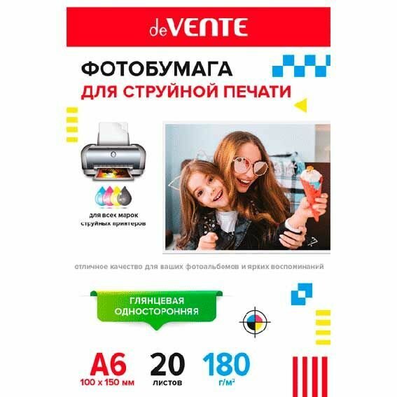 Фотобумага deVENTE формат А6, плотность 180 г/м2, глянцевая, 20 листов в упаковке (2042902)