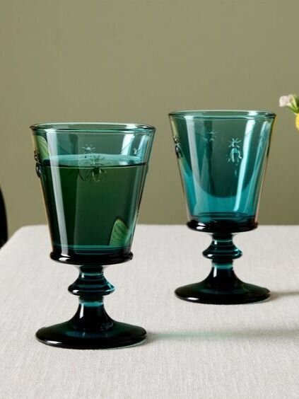 Бокалы для вина, подарочный набор La Rochere "ABEILLE BLEU NUIT" (пчёлка мятные) 240 мл, 2 шт на ножке. Закаленное стекло, для вина, воды, сока, коктейлей. Франция