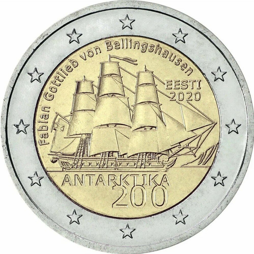 Монета 2 евро 2020 год, 200 лет открытия Антарктики (Антарктиды), Эстония.