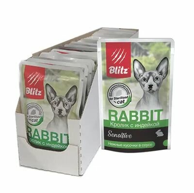Консервированный влажный корм Blitz Sensitive Sterilised Cat для стерилизованных кошек (кролик с индейкой) полнорационный, 24 шт по 85 г