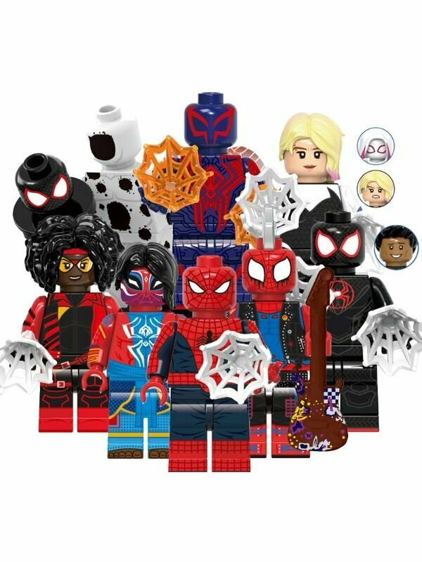 Набор минифигурок: Человек Паук, Майлз Моралес, Гвен Стейси совместимы с конструкторами 8шт (4.5см, пакет)