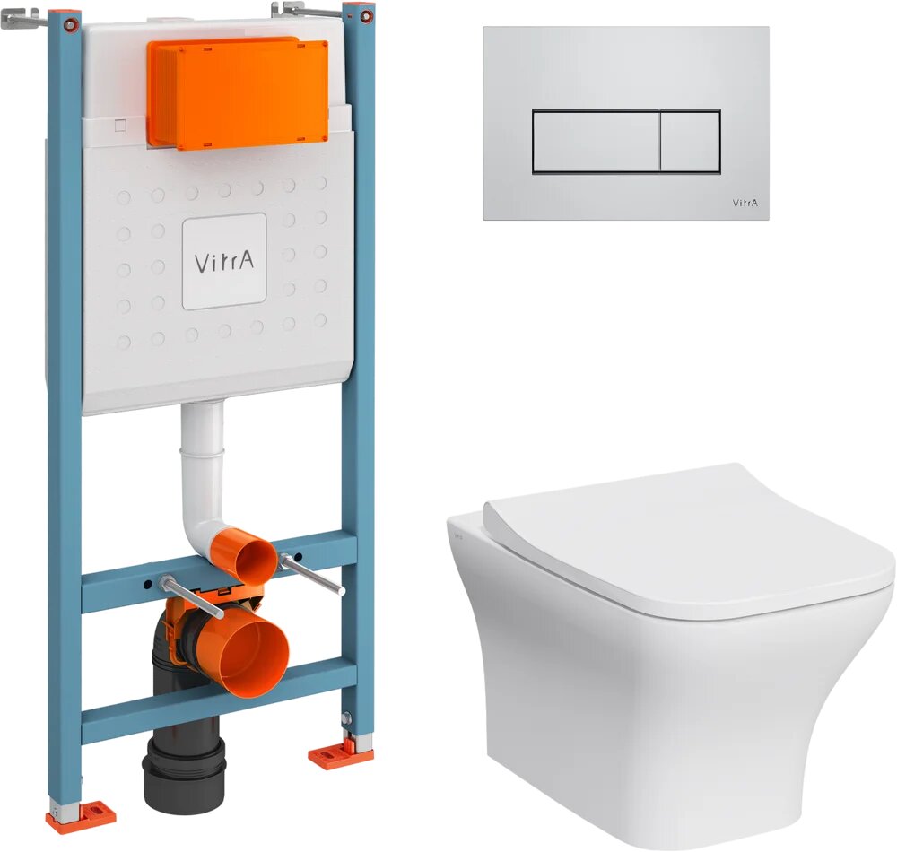 Комплект Унитаз подвесной VitrA Zentrum Square белый глянцевый / Крышка с микролифтом, петли хром / Инсталляция VitrA V-Fix Core, Кнопка смыва Root Square 740-2380 хром