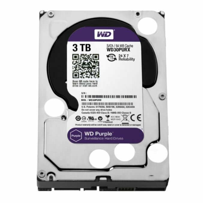 3.5" 3 ТБ Жесткий диск Western Digital Purple (WD30PURX) - SATA3 6.0 Гбит/с, 5400 об/мин, кэш памяти - 64 МБ