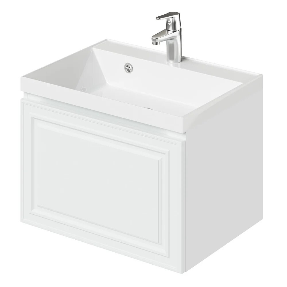 Тумба с раковиной Itana Verona 2.0 60 подвесная, 59, 7 см, белая, из МДФ, с ящиками, раковина для ванной из камня, прямоугольная