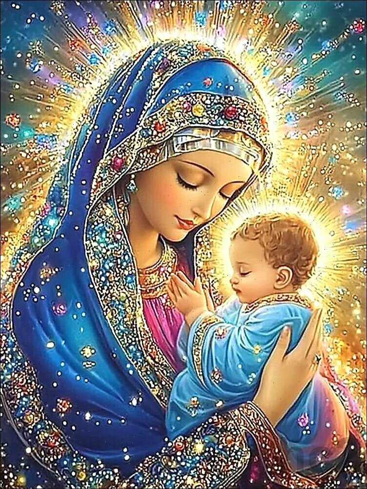 Алмазная картина "Богородица с Младенцем", 30x40 см. Православная икона, золотые узоры.