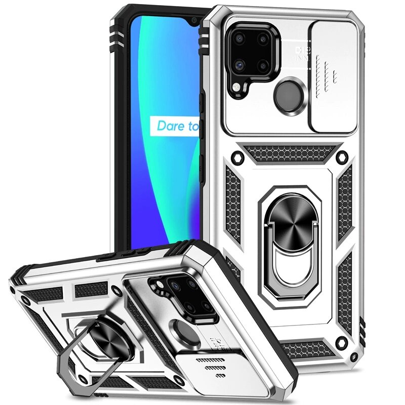 Силиконовый чехол для Realme C11 с оконным дизайном и полным покрытием, металлический серебристый
