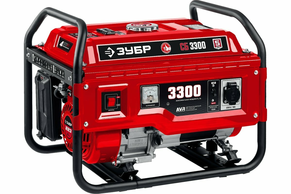 Генератор ЗУБР СБ-3300 красный, 3000/3300 Вт, бензиновый 4х тактный, ручной, бак 15 л.