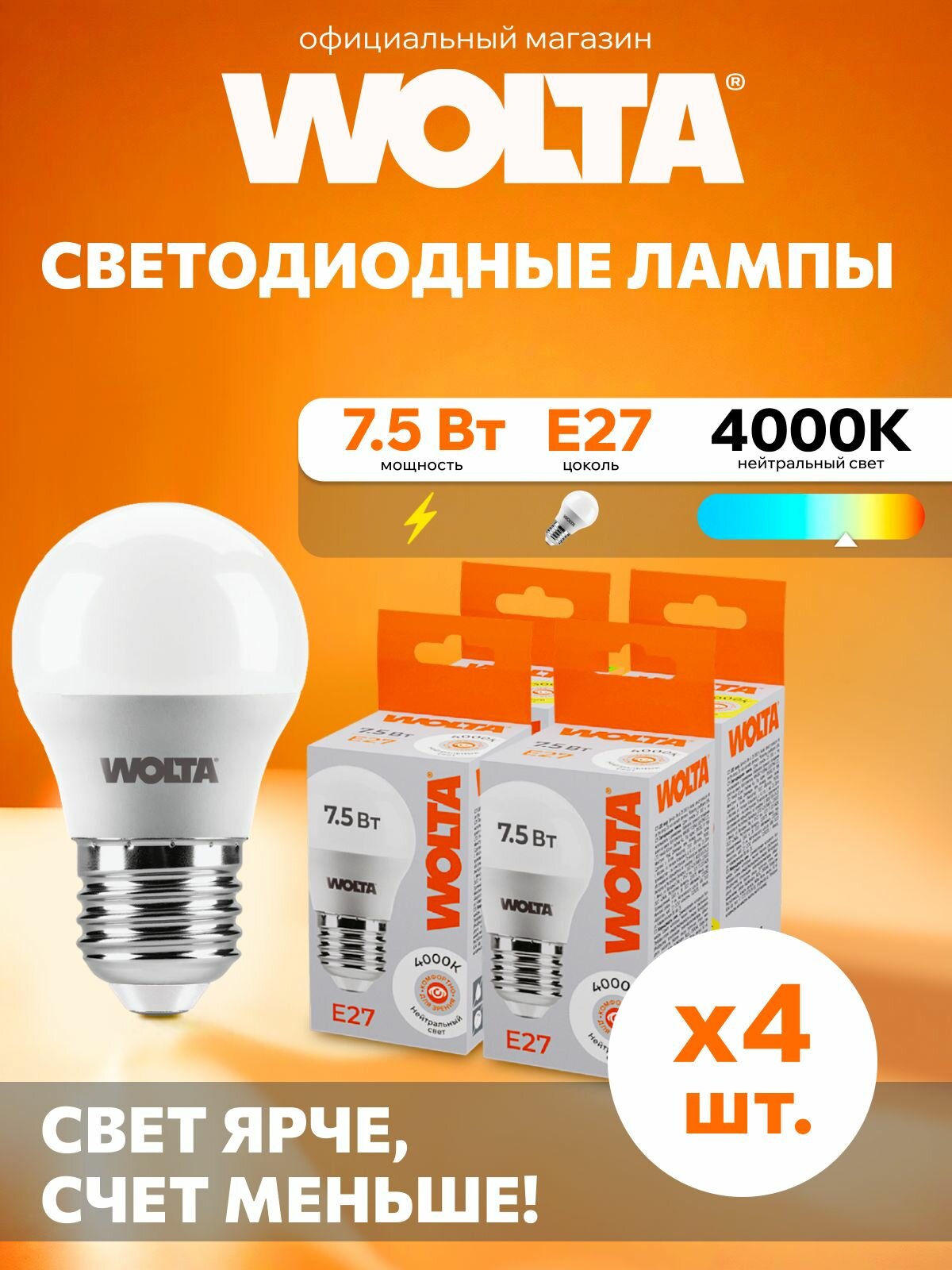 Светодиодная лампа Дневной свет WOLTA 25S45GL7.5E27 7.5Вт 4000K E27 (4 шт)