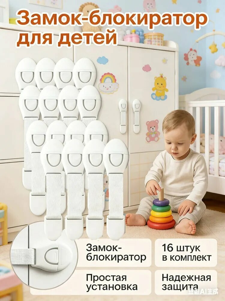 Блокиратор дверей и ящиков детский, 16 штук