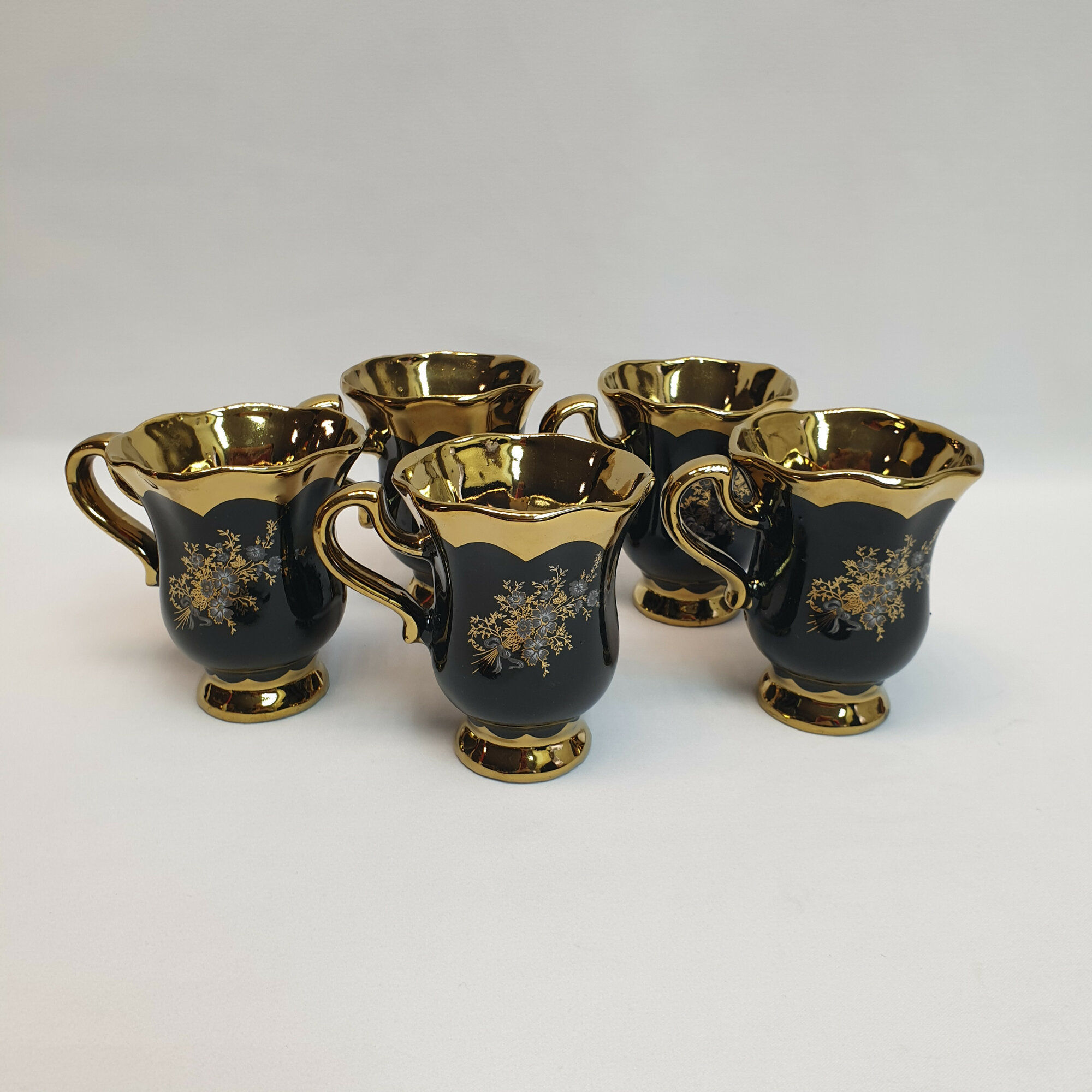 Набор из 5 чашек Феодосийский з-д майолики, керамика крытье позолота деколь 220 мл, винтаж СССР