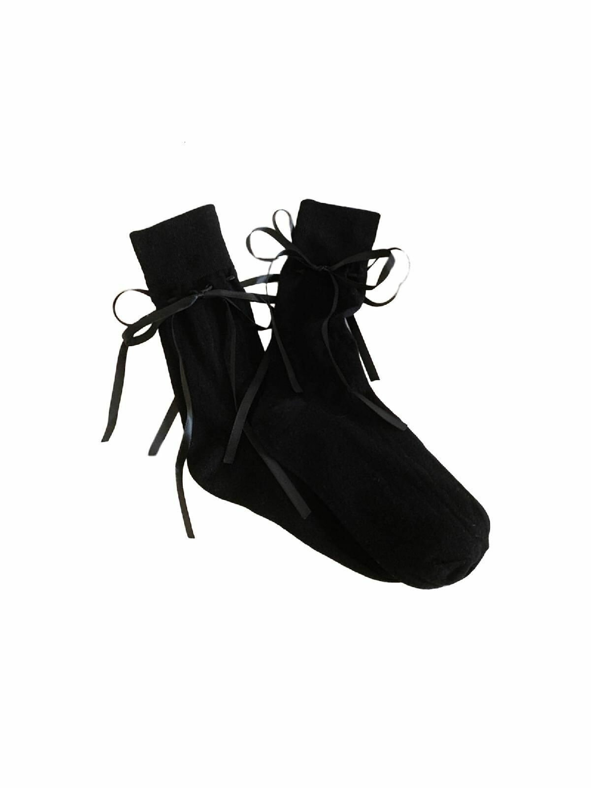 Японские винтажные ажурные гольфы с бантом, Черный - Один размер