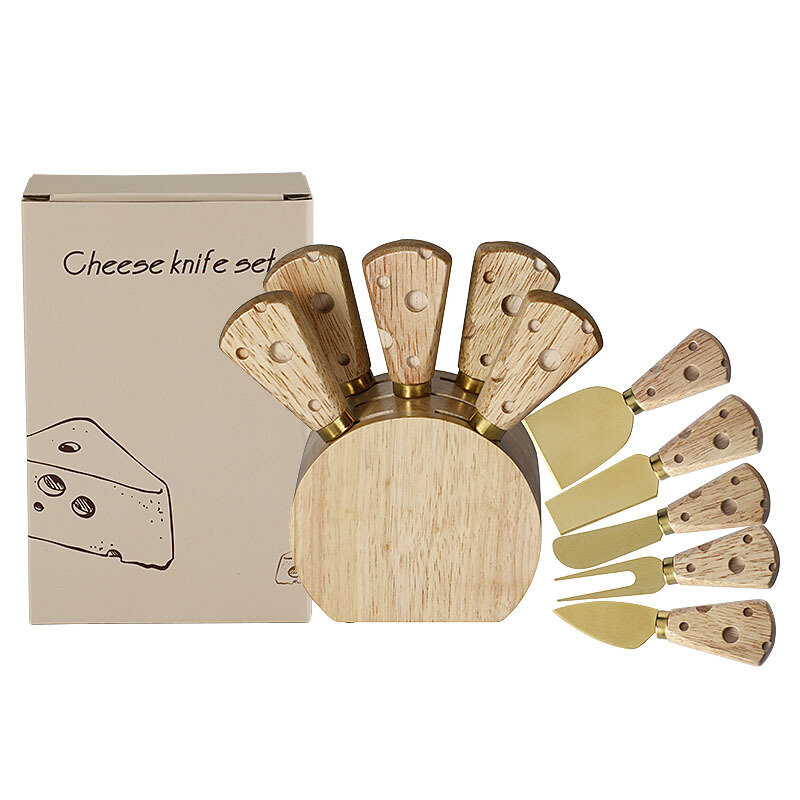 Набор ножей для сыра с резиновой деревянной ручкой, нержавеющий нож и вилка для сыра, 6 предметов с деревянной подставкой