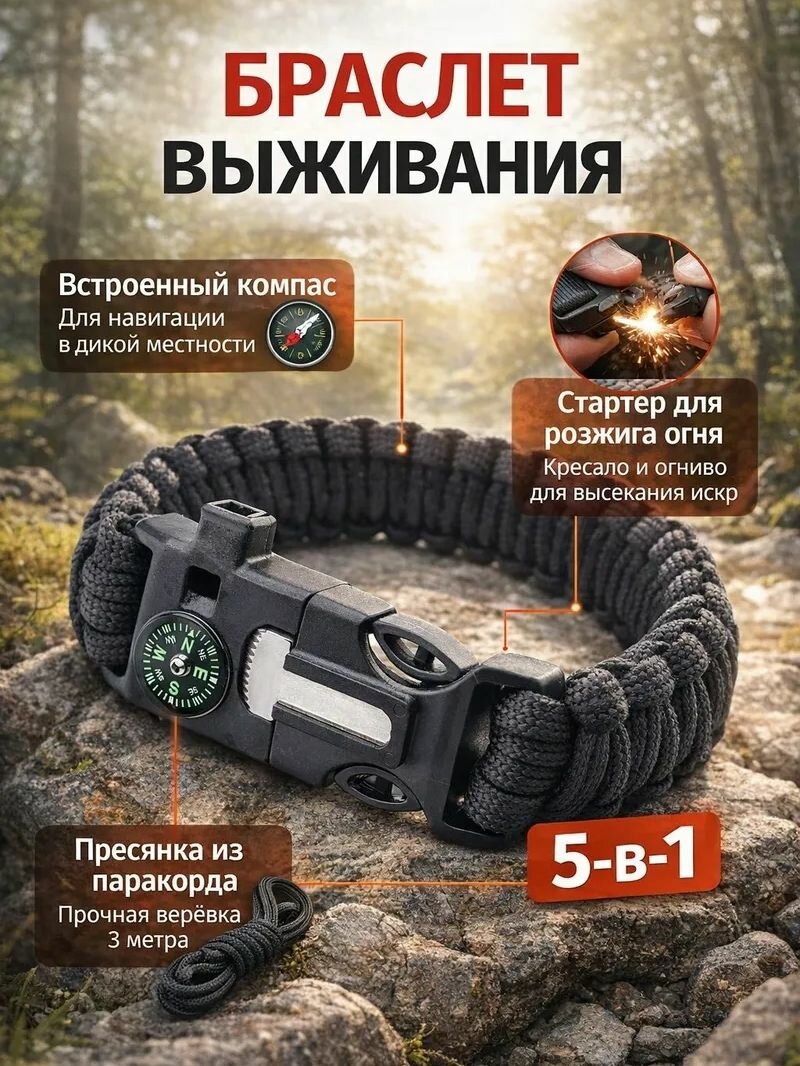 Браслет для выживания 5 в 1 из паракорда, тактический с компасом и огнивом для похода