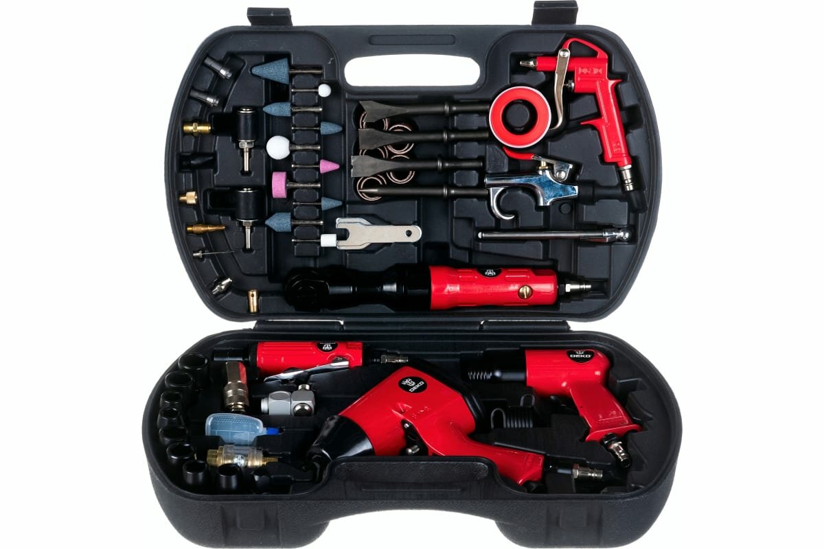 Набор пневмоинструмента и аксессуаров DEKO DKPT61 Premium 61 предмет в чемодане (Прямая пневмошлифмашина, пневмотрещотка